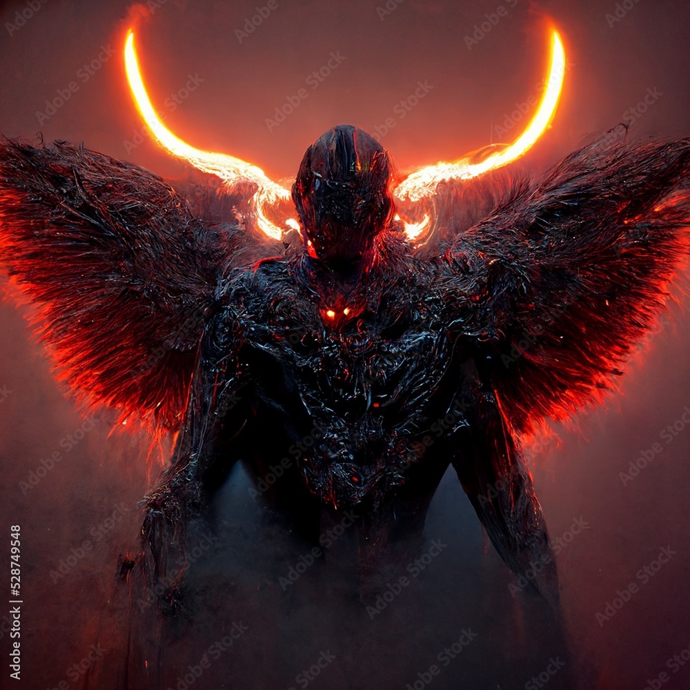 Demoniac entity with white angel winds. Fantasy concept art. Scary ...