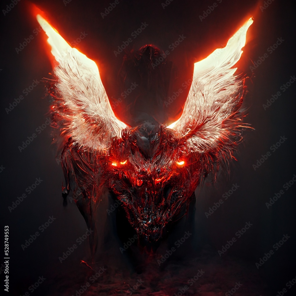 Demoniac entity with white angel winds. Fantasy concept art. Scary ...
