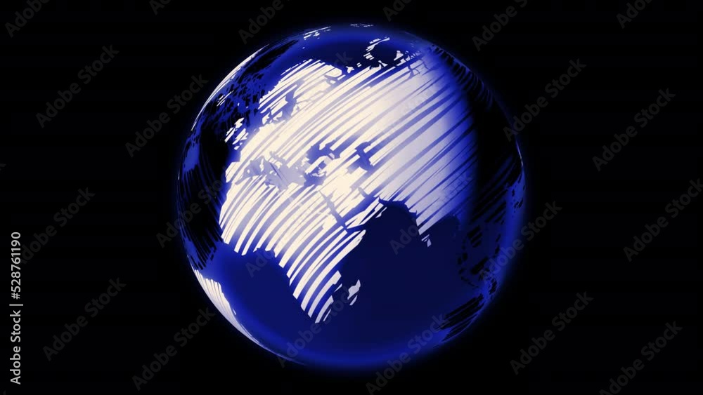A 3D globe Earth with dashed contours of sketched continents on a black ...