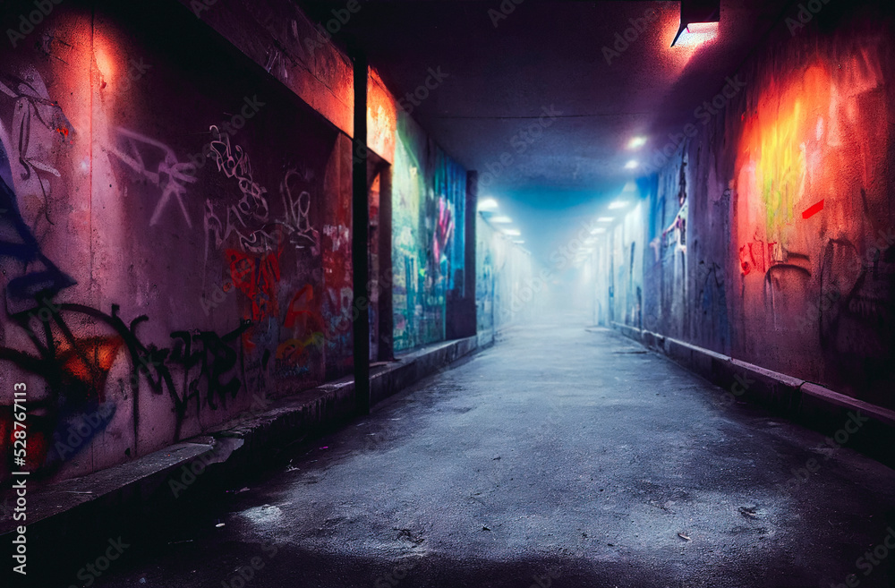 Dark, futuristic cyberpunk city street with graffiti and smog at night. Dystopia. 3D ...
