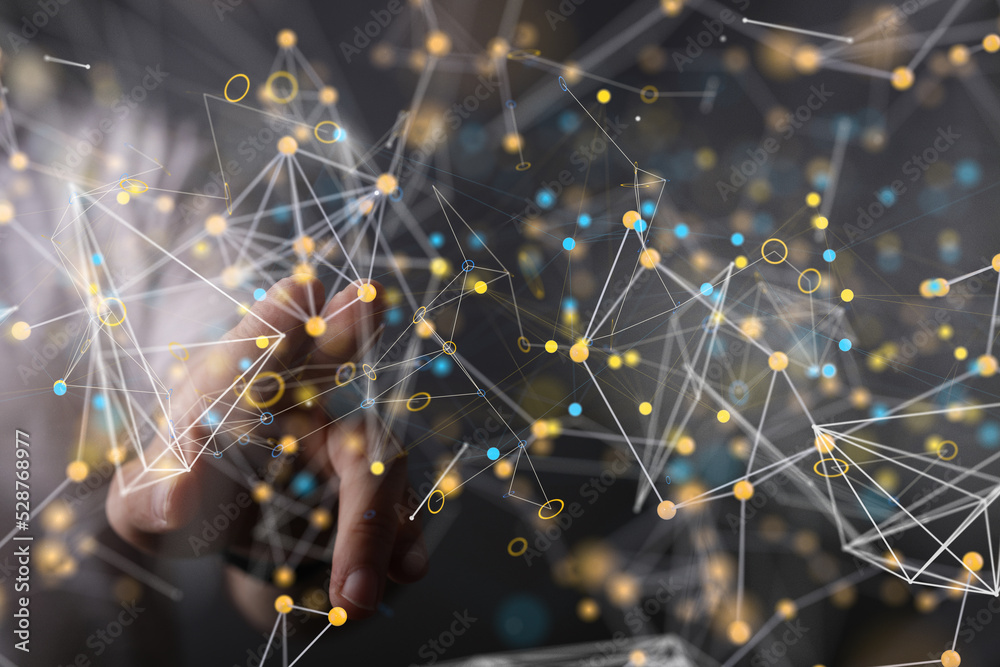 Global network. Blockchain. 3D illustration. Neural networks and ...