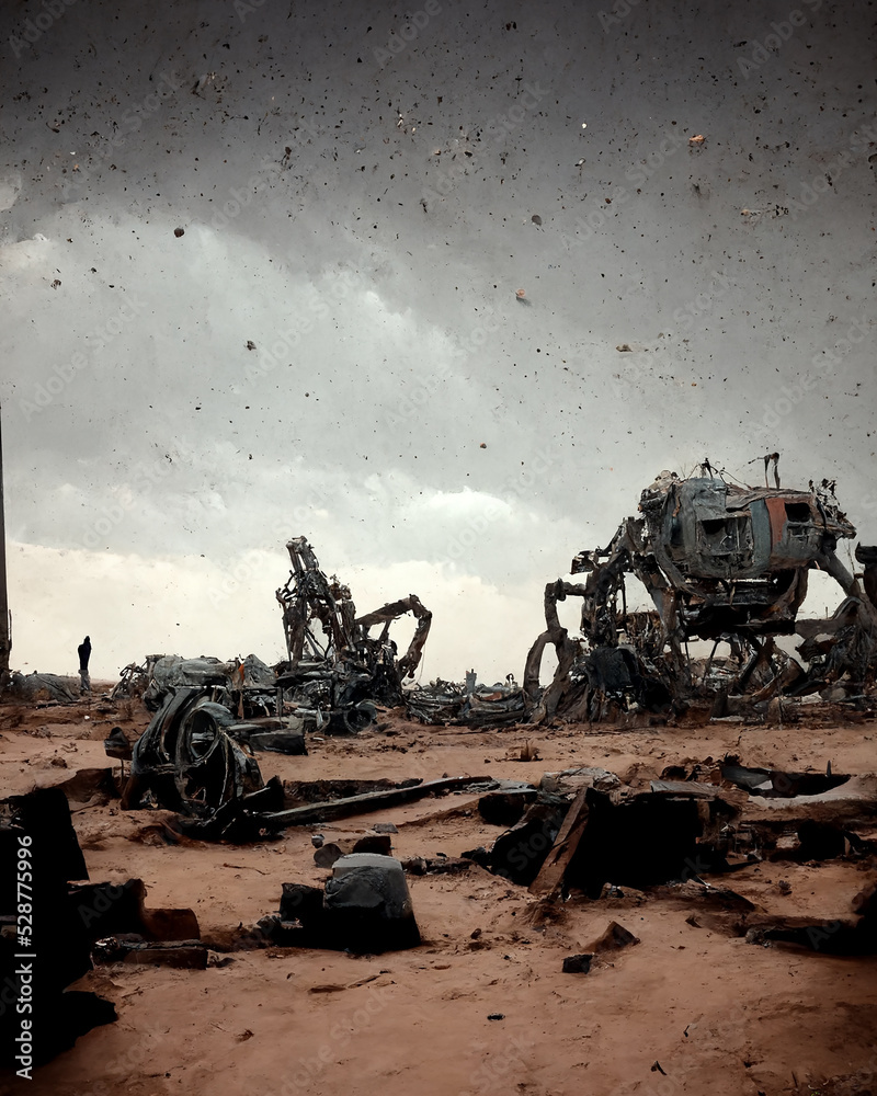Dump of Destroyed Military Robots in Post Apocalyptic Wasteland Landscape Art Illustration ...