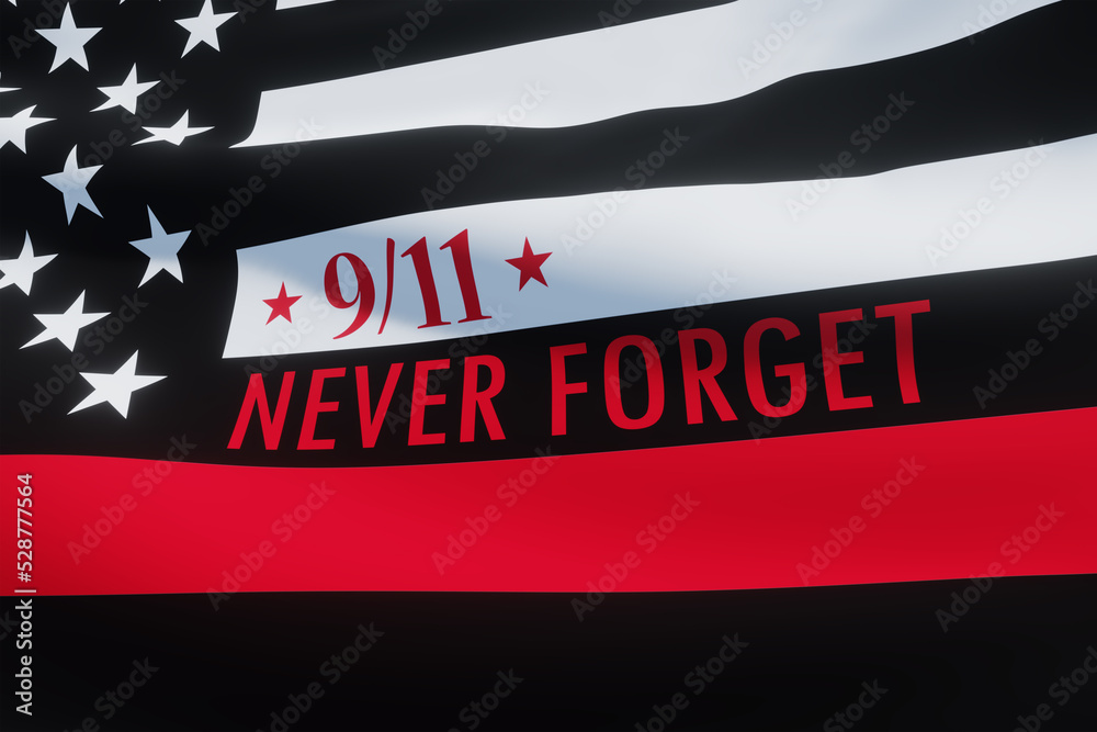 Thin red line firefighter flag with light spot. USA flag. Remembering ...