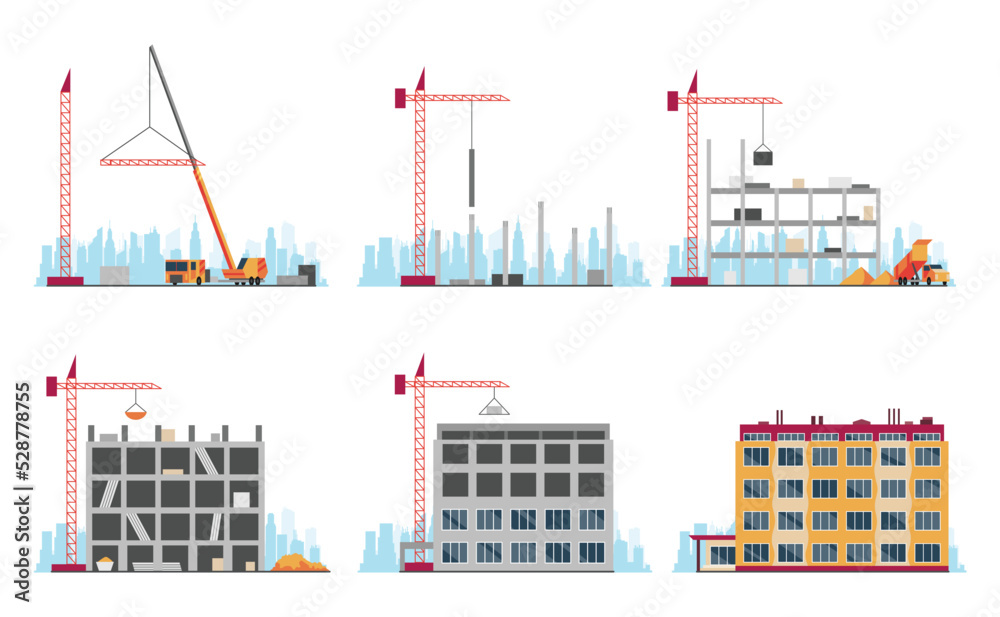 Construction site stages. Multi story house construction. Building ...