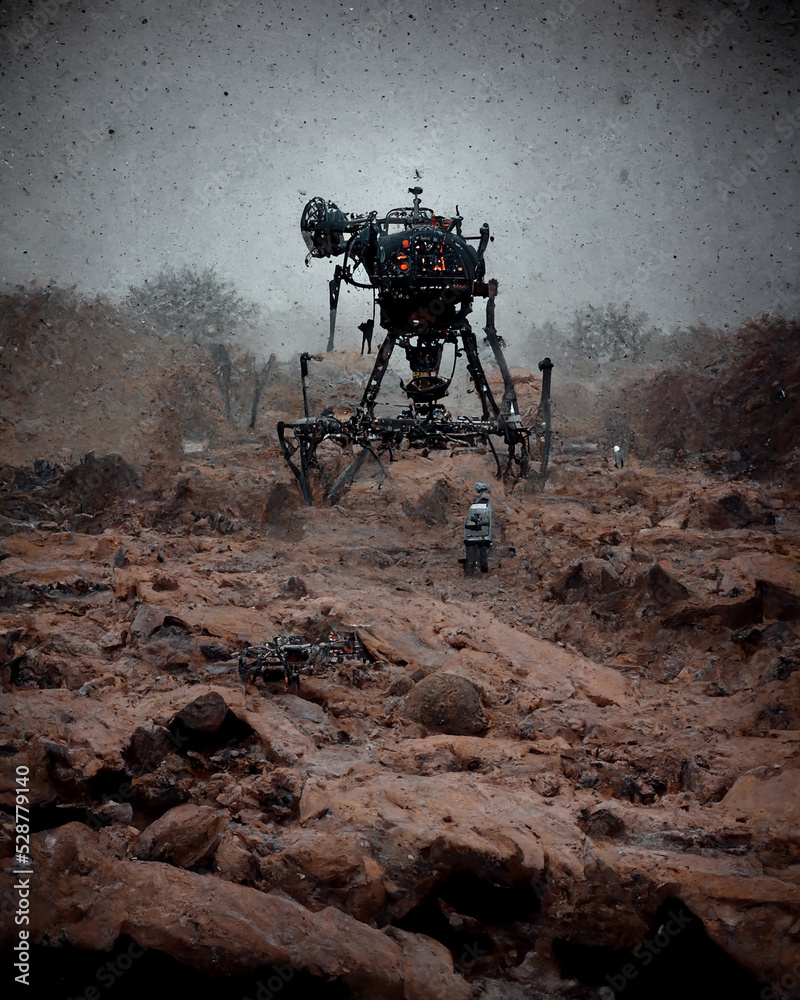 Huge Military Robot in Post Apocalyptic Wasteland Landscape Art ...