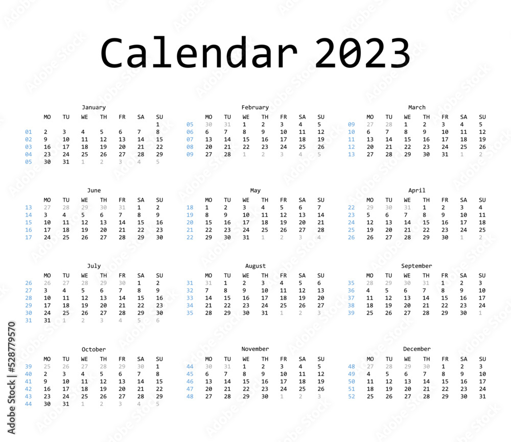 Calendar template for 2023. The week starts on Monday. It shows the day ...