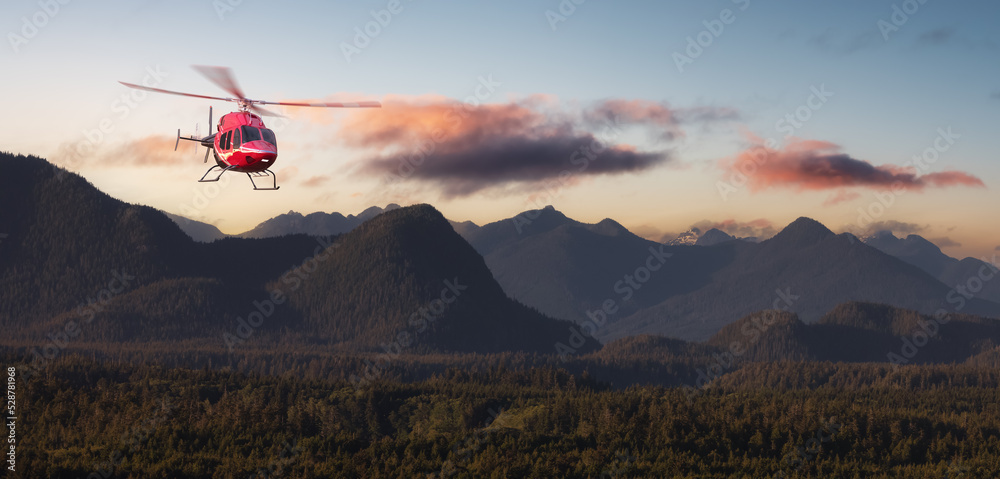 Helicopter Flying over the West Coast Pacific Ocean. Extreme Adventure ...