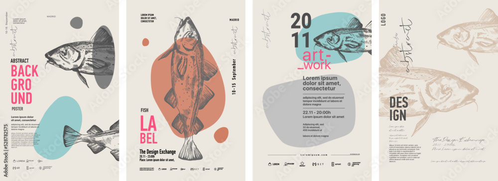 Fish. Set of modern posters. Hand-drawn vector illustration. Typography ...