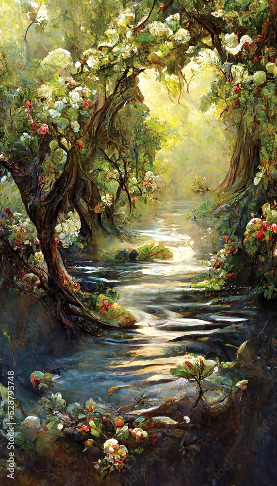 Printable digital art of spring forest with beautiful blooming trees ...