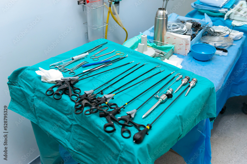 Sterile surgical equipment, Preparation for surgery. Close up of white ...