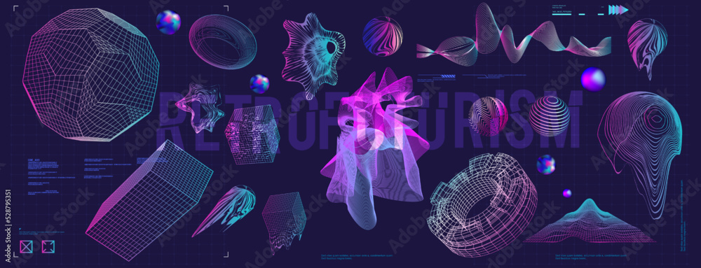 Holographic Retro futuristic 80s-90s style. Cyberpunk concept. Shapes ...