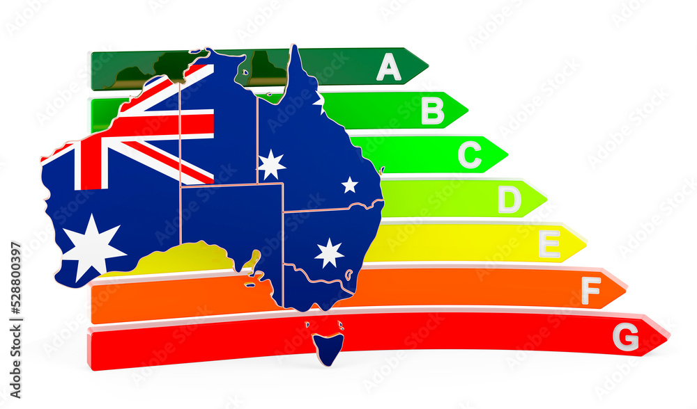 Australian map with energy efficiency rating, 3D rendering Stock ...