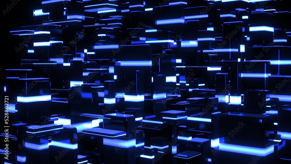 3d render. Dark science fiction blue background. Abstract dark bg neon ...