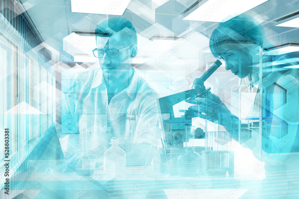 Scientific technologies. Man and woman scientists. Female scientist ...