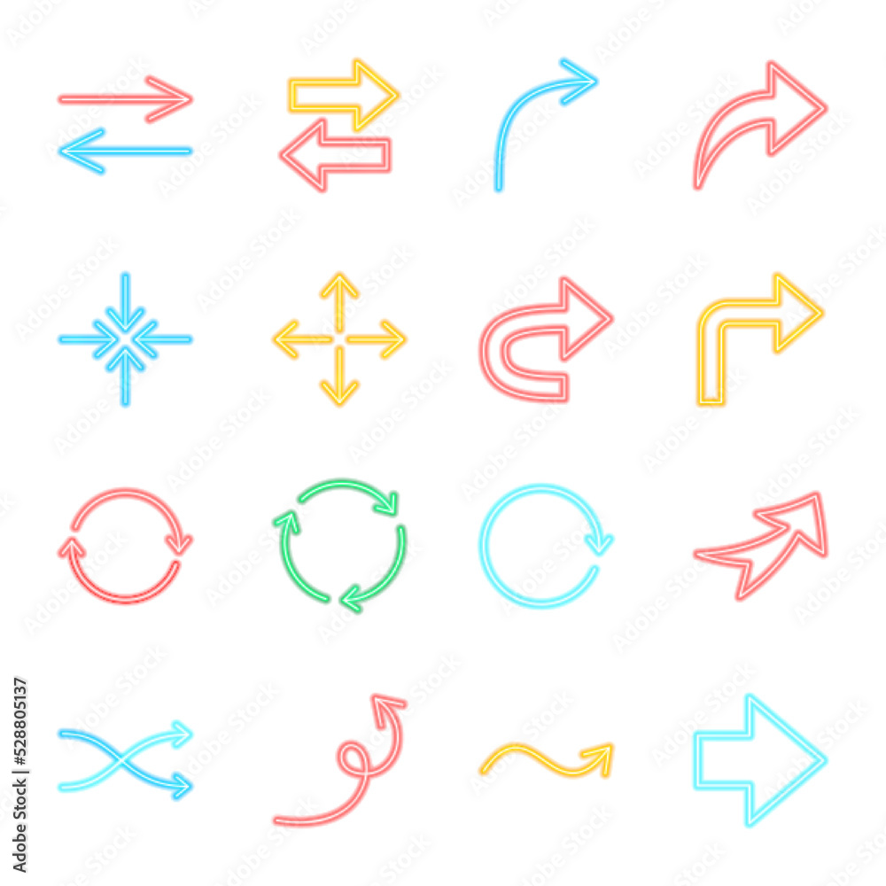 Arrow Signs Neon Icons Isolated. Vector Illustration of Glowing Bright ...