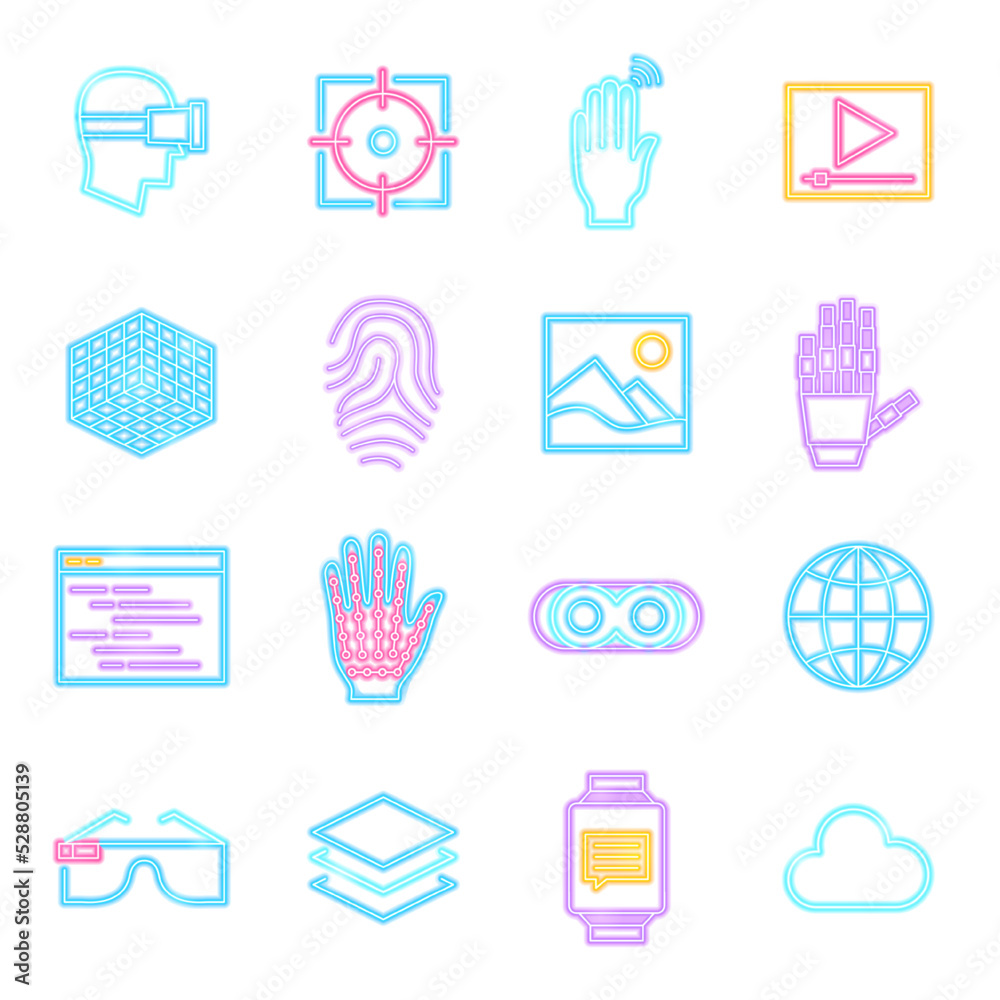 Augmented Reality Neon Icons Isolated. Vector Illustration of Glowing ...
