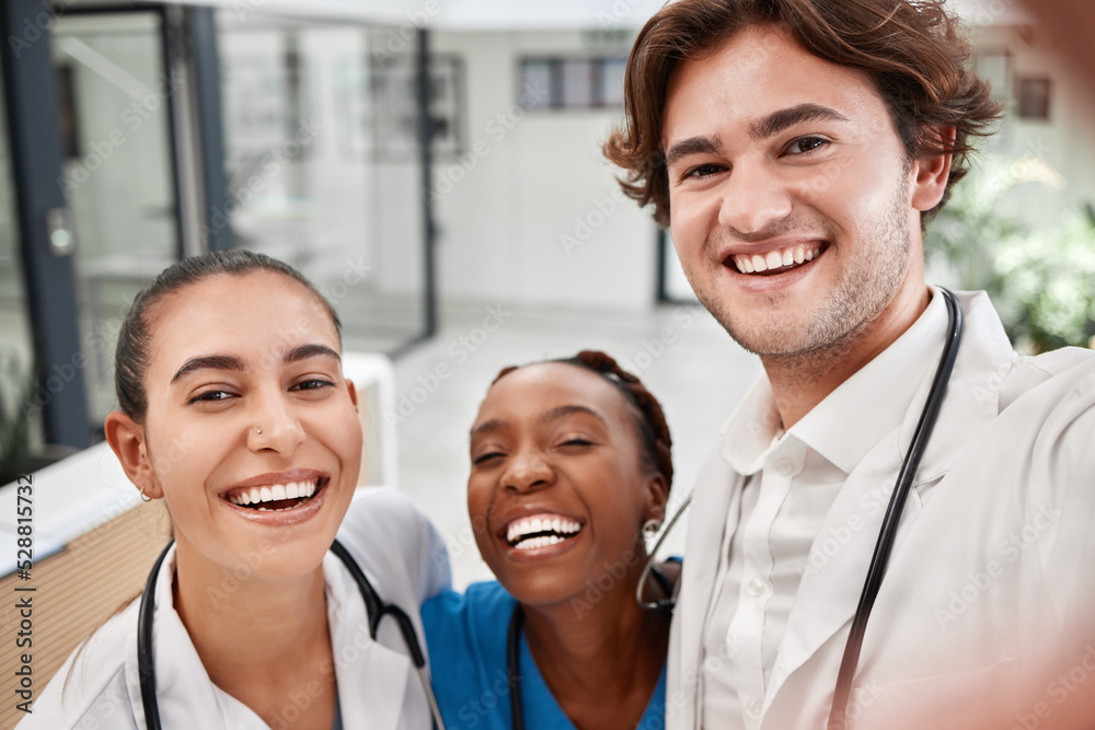 Healthcare, hospital and doctors taking selfie, bonding while working ...