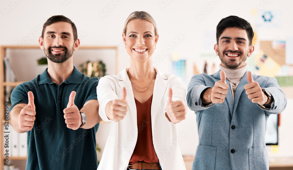 Teamwork thumbs up, business motivation and success, support and yes ...