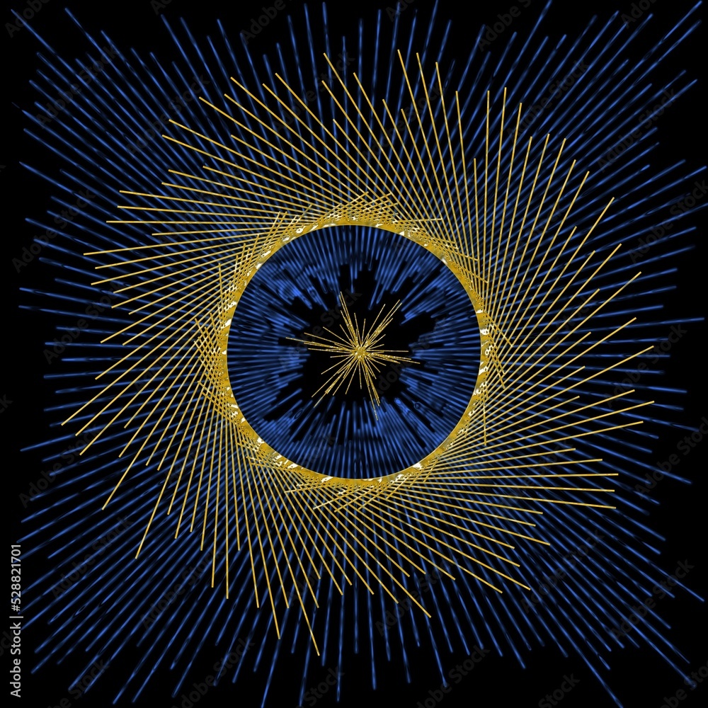 Abstract illustration featuring a golden swirl of radiating lines, a ...