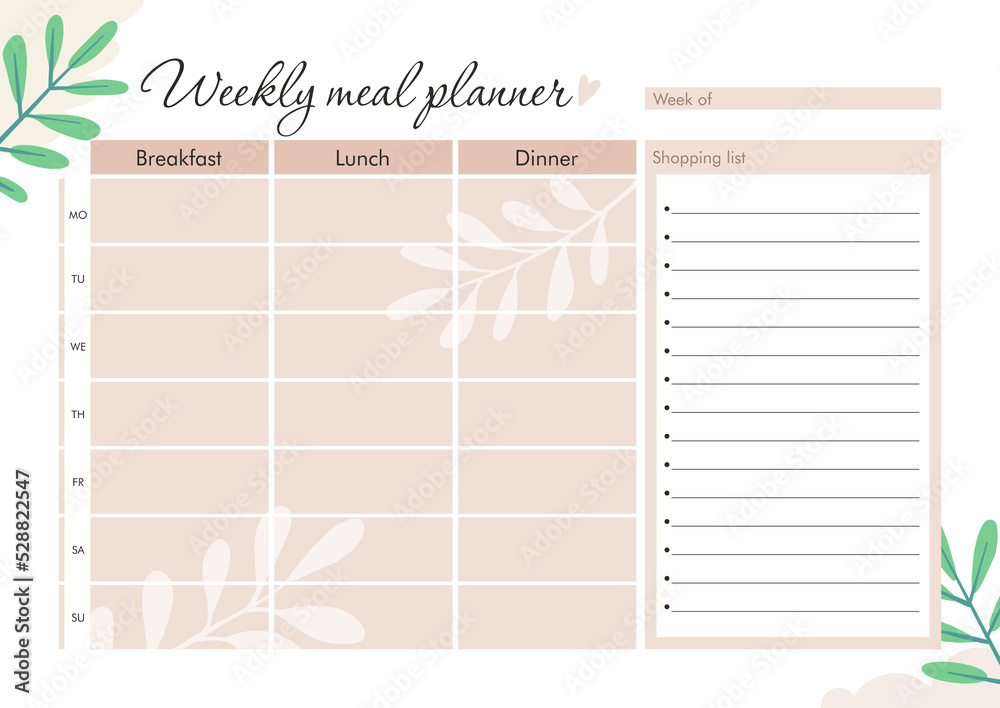Weekly Meal Printable planner everyday Menu A4 Stock Illustration ...