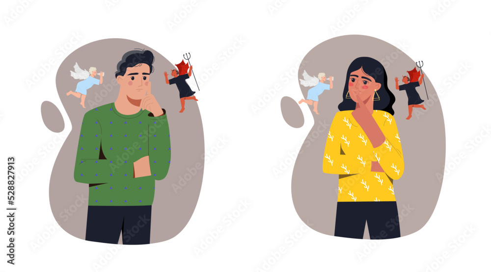 Bad and good thoughts. Set of man and woman with angel and demon on ...