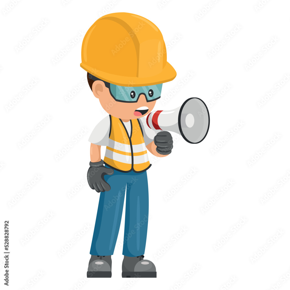 Industrial construction worker making an announcement with a megaphone ...