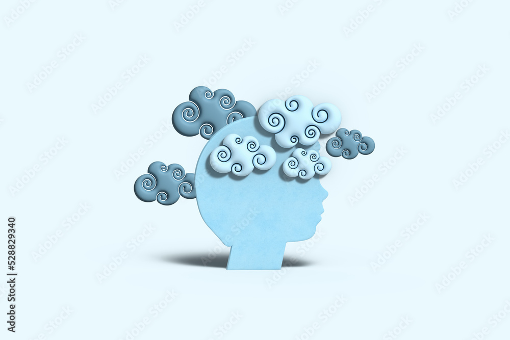 boys heads with stylised blue clouds, brain fog, long covid, depression ...