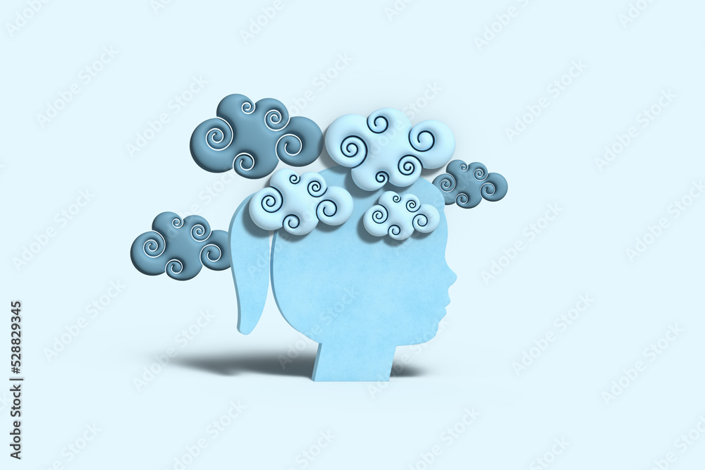 girls heads with stylised blue clouds, brain fog, long covid ...