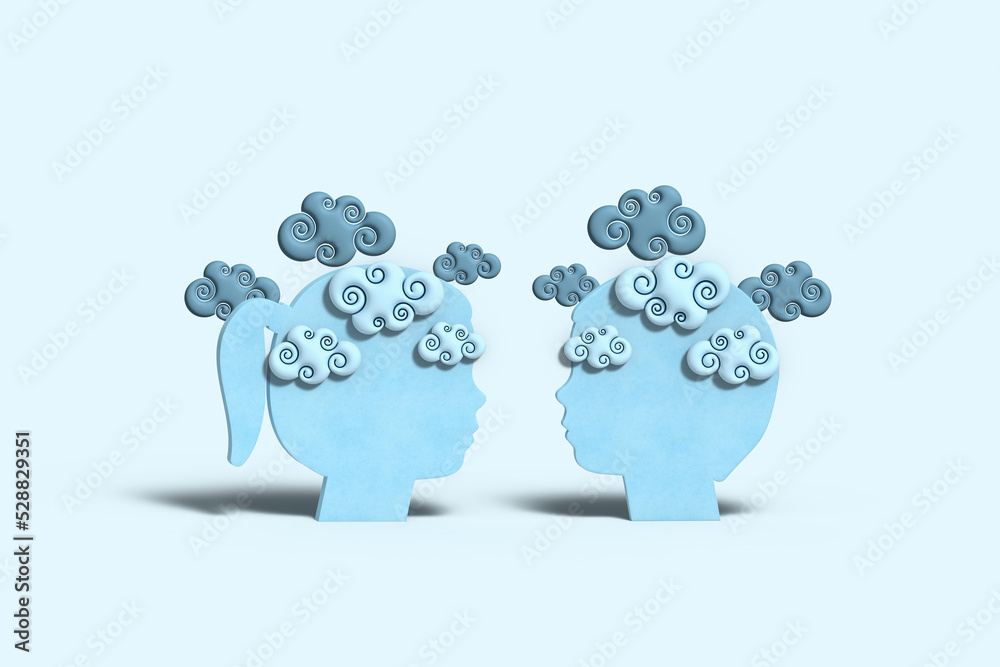 Childrens heads with stylised blue clouds, brain fog, long covid ...