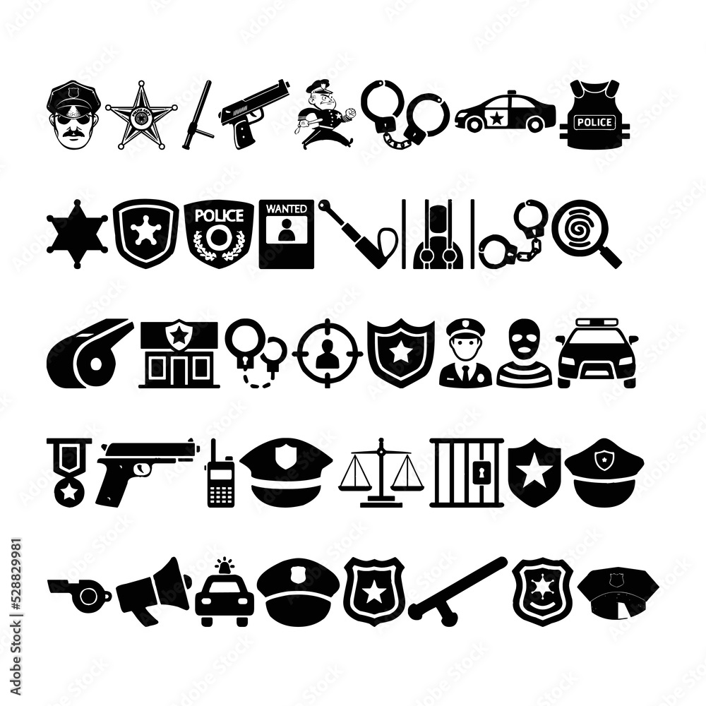 Vector set of police and law enforcement icons on white background ...