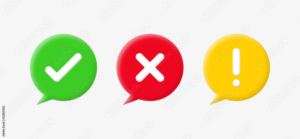 Poster 3d check mark icon button with exclamation mark sign in speech ...
