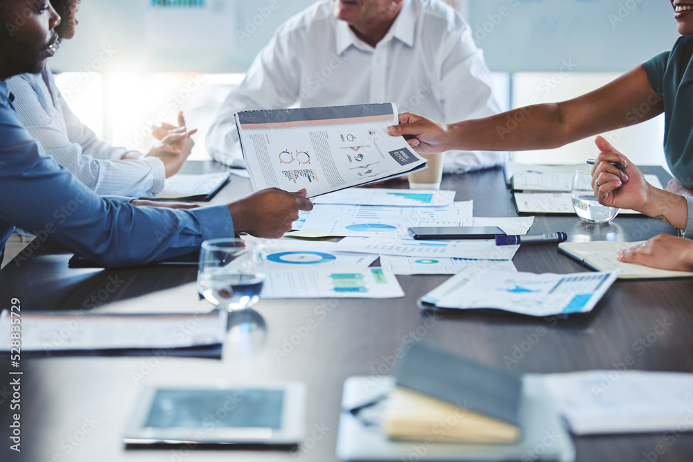 Business teamwork hands, paperwork and planning annual report, research and financial budget in ...