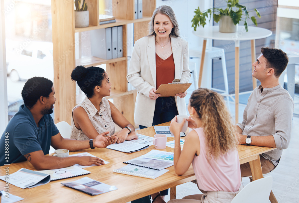 Female leadership, teamwork and planning during a meeting to explain ...