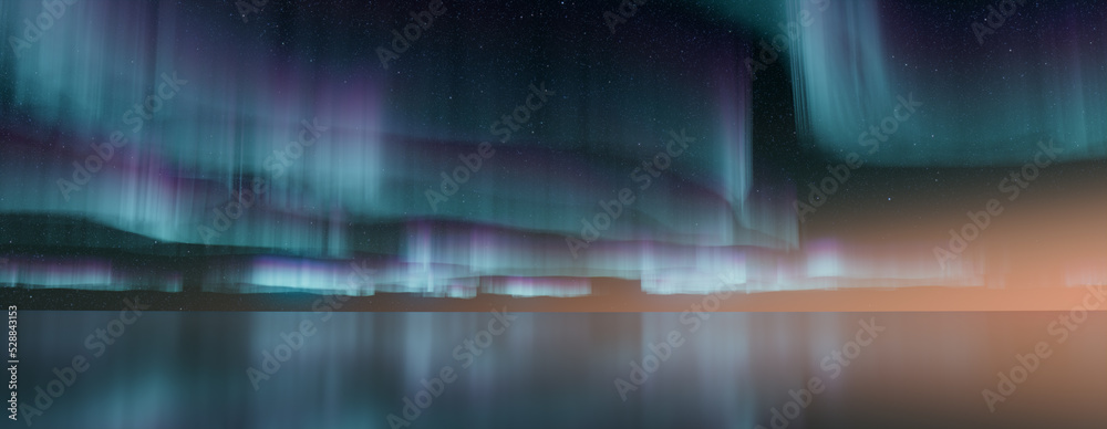 Aurora Borealis reflected in Water. Green Northern Lights Banner with ...