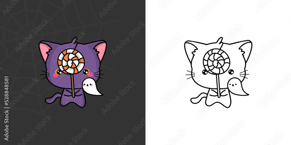 Clipart Halloween Violet Cat Multicolored and Black and White. Cute ...