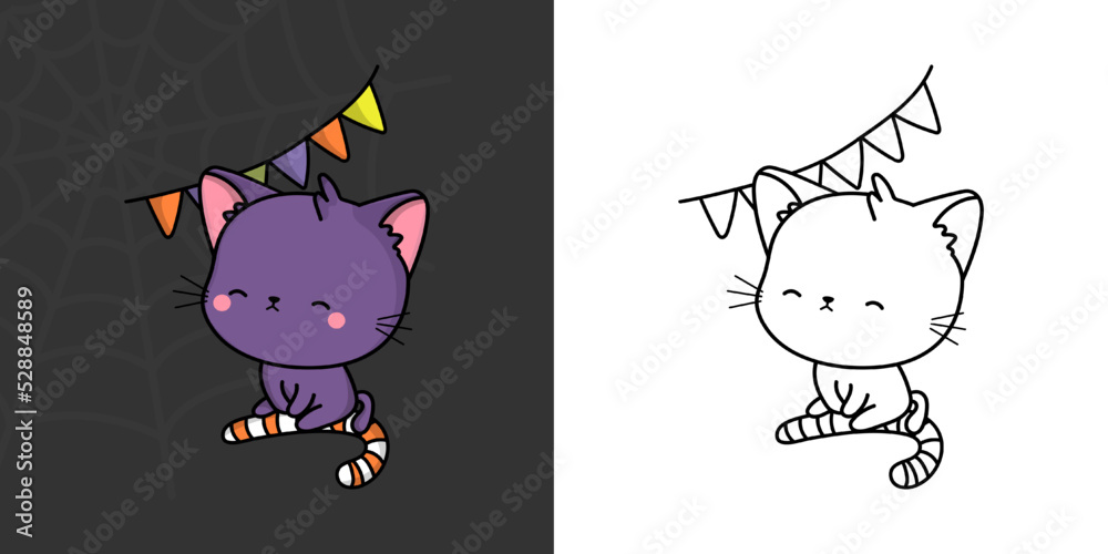 Set Clipart Halloween Cat Coloring Page and Colored Illustration ...