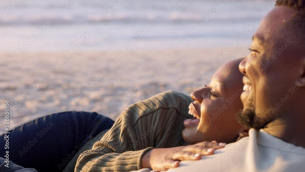 Black couple, summer beach love and relaxing cuddle, talking and ...