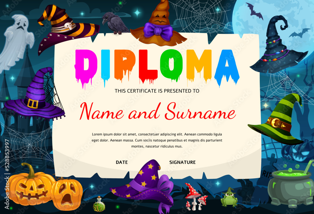 Kids diploma. Halloween witch hats, cemetery, pumpkin lanterns and ...