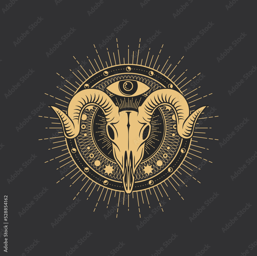 Occult symbol, esoteric tarot skull, magic and alchemy vector eye in ...