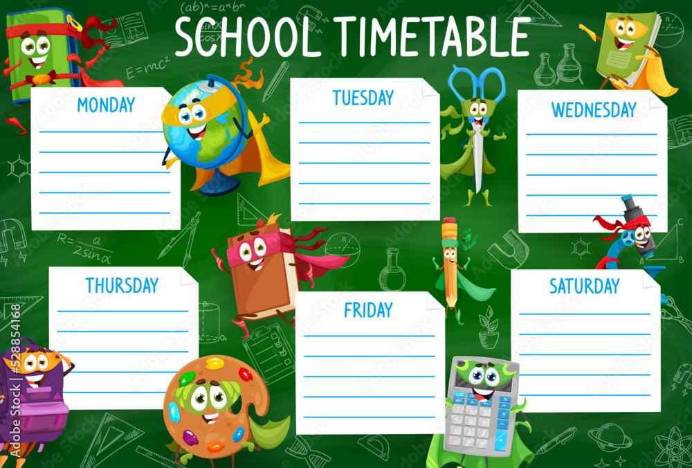 Timetable schedule. Cartoon school education superhero characters ...