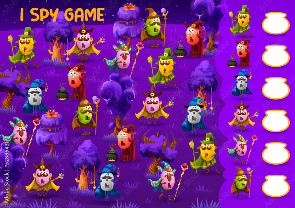 I spy game. Cartoon vitamin wizard and mage characters. Kids ...