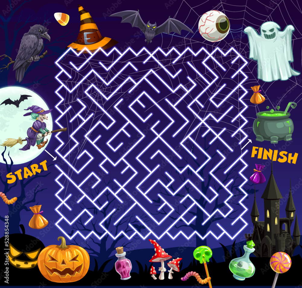 Vetor de Kids Halloween labyrinth maze game. Children maze puzzle or ...