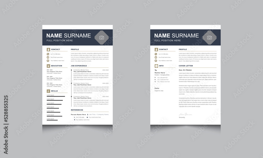 Resume CV Template with Dark Header Resume and Cover Letter Layout Set ...