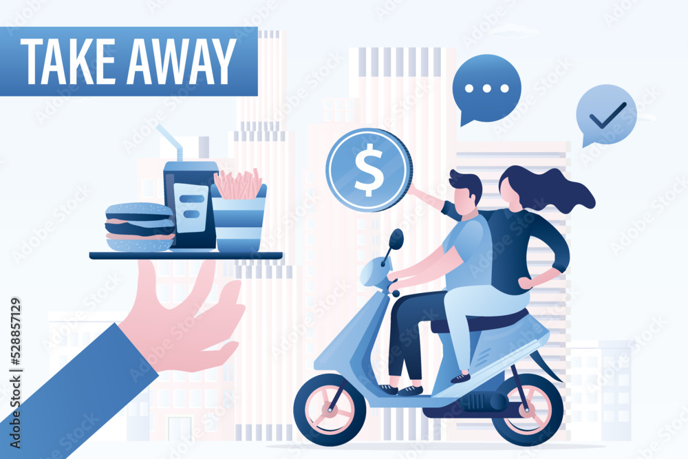 Takeaway food, concept banner. Large hand holds tray of fast food ...