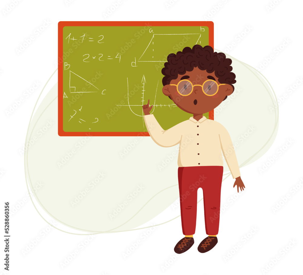 Cute african black boy learning at school vector illustration. Child ...
