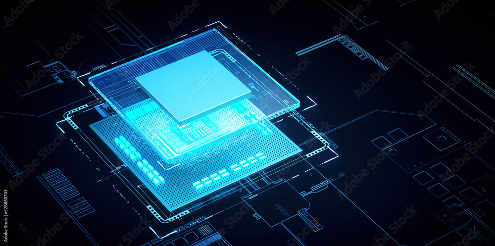 3D rendering of cyberpunk AI. Circuit board. Technology background ...