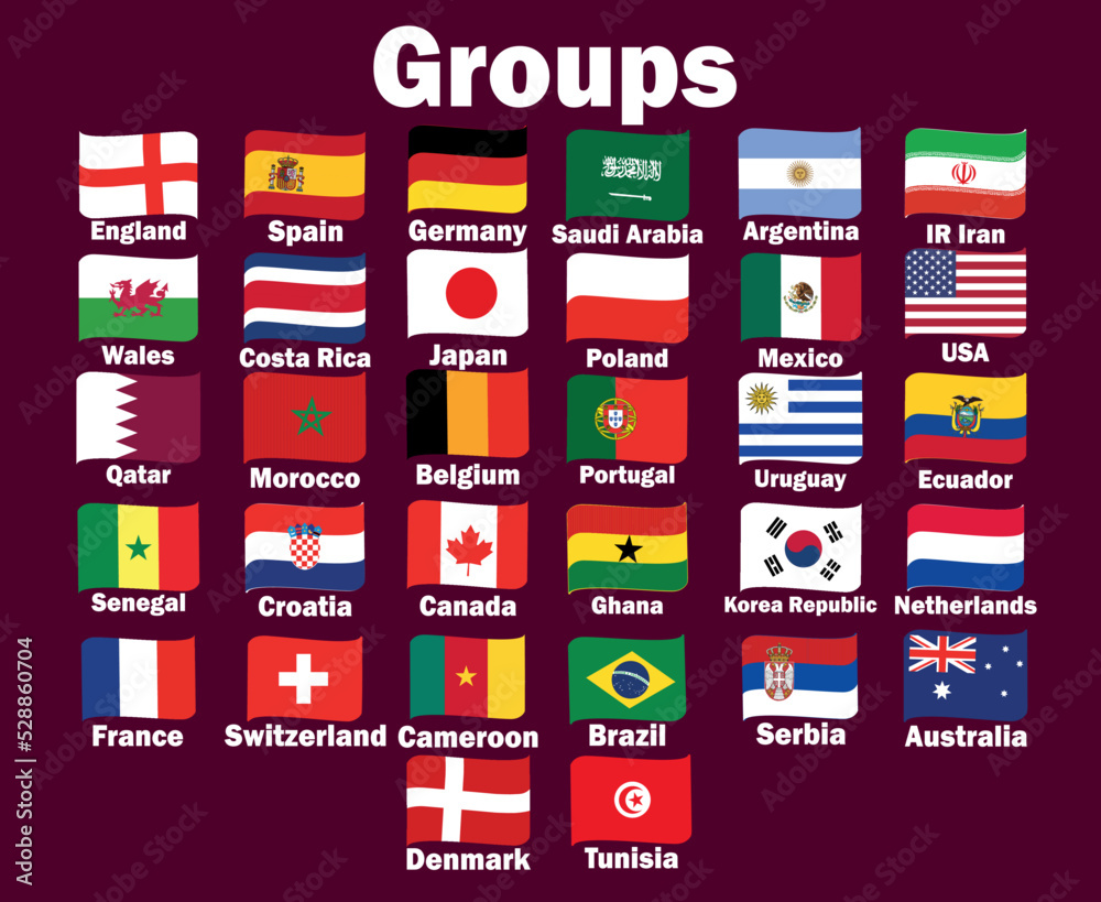 32 Countries Flag Ribbon With Names Symbol Design football Final Vector ...
