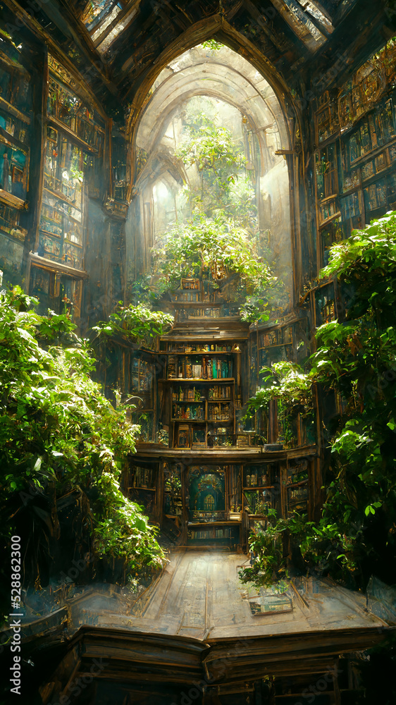 epic fantasy library overgrown with trees, Generative AI Illustration Stock | Adobe Stock