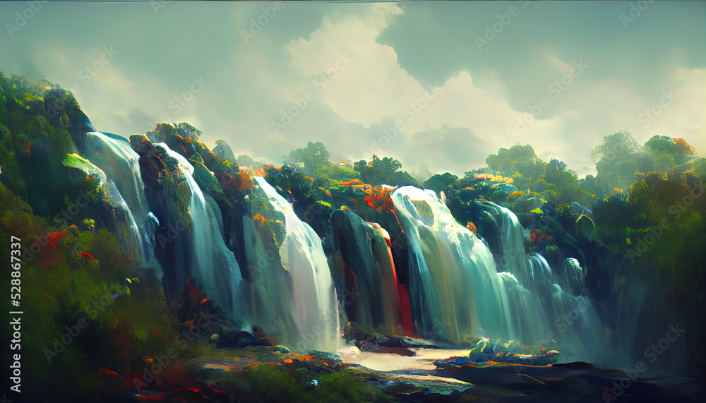 Wild landscape with creeks and waterfall and mountains. Stream flow ...