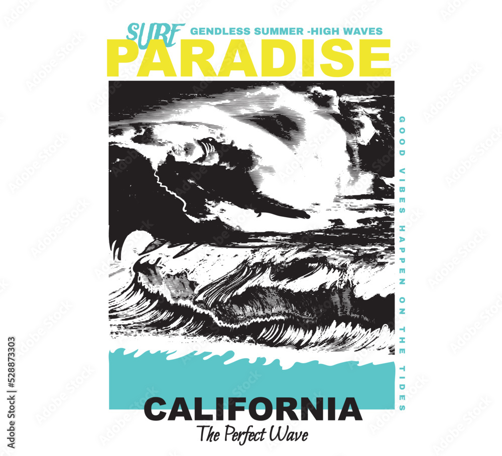 The perfect wave, California, beach text with waves and sun vector ...